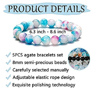BOMAIL 5PCS Semi-Precious Gemstone Bracelet - Gemstones Crystal Beaded Bracelets for Women Reiki Healing Stone Stretch Bracelet 8mm Round Beaded Bracelets Gifts