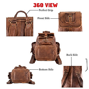 PLW 16" Inch Leather Backpack for Men | Handmade Vintage Brown Leather Laptop Backpack | Adjustable Leather Rucksack Knapsack Camping Travel Bag for Women