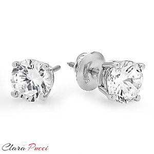 Clara Pucci 2.0 ct Round Cut Conflict Free Solitaire Genuine Moissanite Classic Designer Stud Earrings Solid 14k White Gold Screw Back