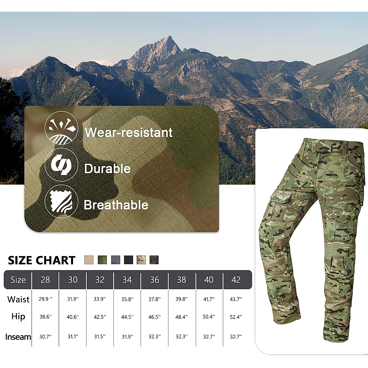 OCANXUE Tactical Pants Camo Cargo Pants for Men Outdoor Hiking Pants Ripstop Work Pants Multi Pocket Pants No Belt No Knee Pads CP Camo 34