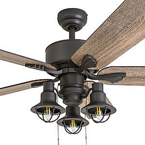 Prominence Home Sivan, 52 Inch Farmhouse LED Ceiling Fan with Light, Pull Chain, Three Mounting Options, 5 Dual Finish Blades, Reversible Motor - 50651-01 (Bronze)