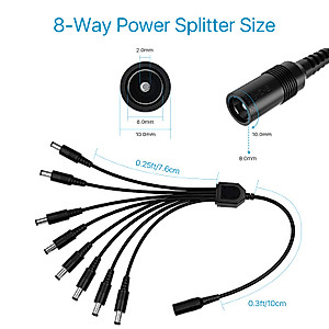 ZOSI DC 12V 2A US CCTV Power Supply Adapter and DC 1 Female to 8 Male Output Power Splitter Cable Y Adapter for Security Camera Surveillance System