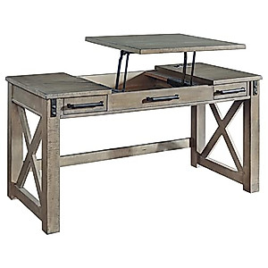 Signature Design by Ashley Aldwin Rustic Farmhouse 60" Home Office Lift Top Desk with Charging Ports, Distressed Gray