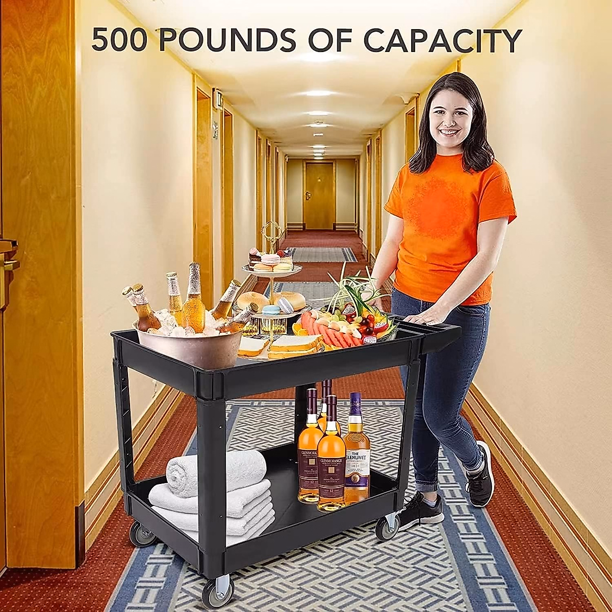 Service Utility Cart 2-Shelf Utility/Service Cart, 500-Pound Capacity, Storage Handle, for Warehouse/Garage/Cleaning/Manufacturing，45"X25"