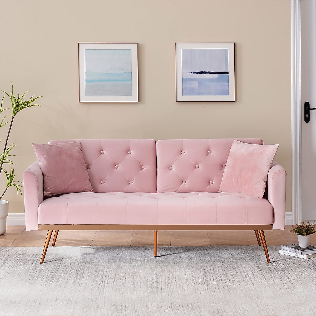 PBOGHLRD Convertible Velvet Futon Sofa, Folding Loveseat Sofa with Throw Pillow and Midfoot, Small Sleeper Couch Bed for Living Room, Bedroom, Home Office (Pink)