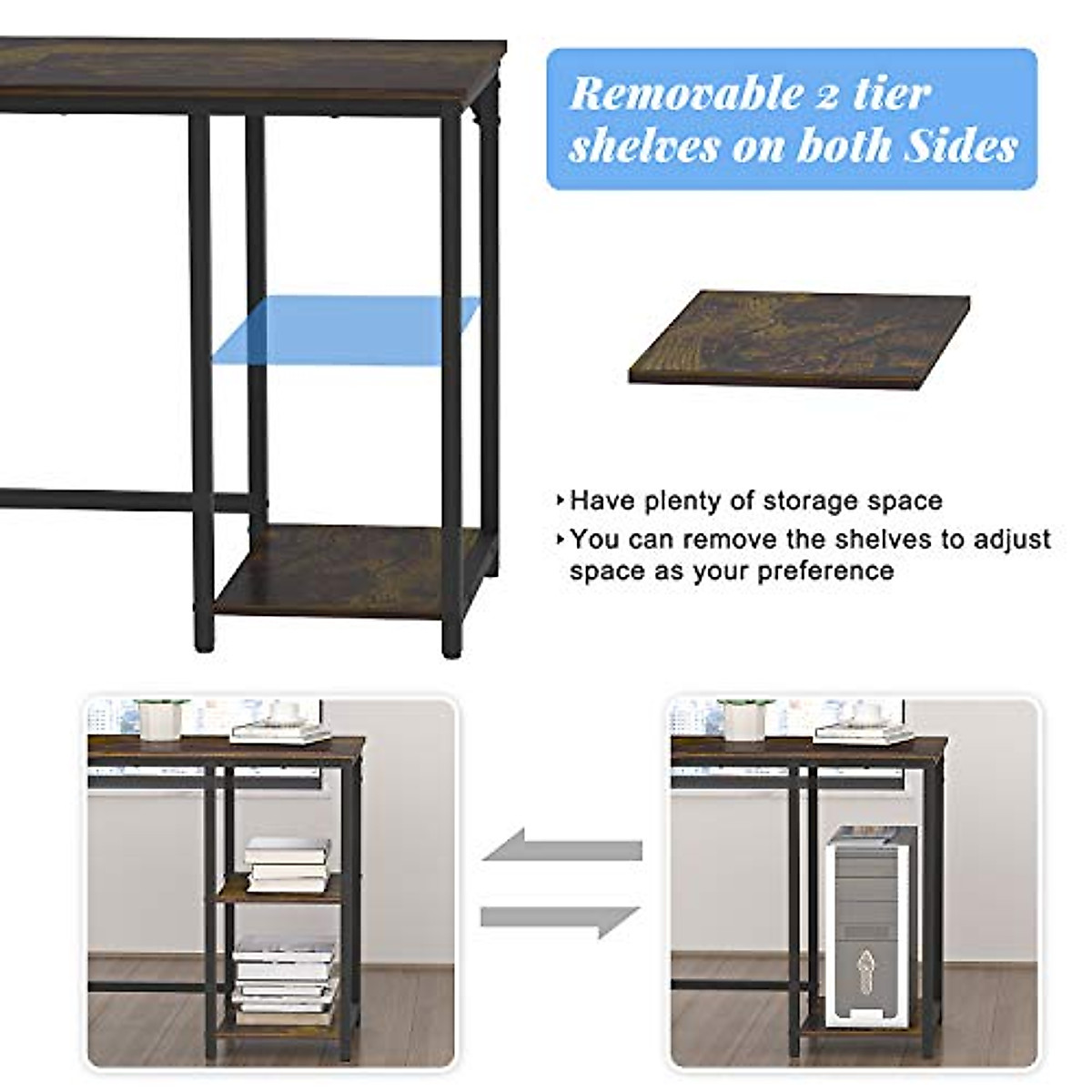Earthsign L-Shaped Home Office Desk with Four Shelves Storage, Spacious Corner Computer Desk for Working from Home, Workstation, Gaming, 56.96 Inch, Round Corner, with Wood Top