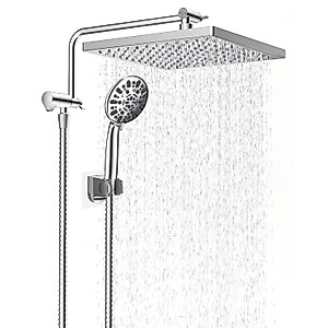 Hibbent Metal Thickness Shower Head, 10'' High Pressure Rainfall Shower Head/Handheld Showerhead Combo with 12'' Adjustable Shower Extension Arm, 7-Spray, 71'' Hose, Showerhead Holder, Chrome