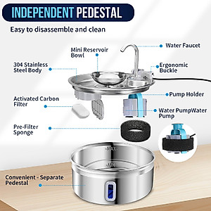 SlowTon Cat Water Fountain Stainless Steel - 3.2L/108oz Large Quite Pet Fountain, Automatic Cat Fountain Dog Water Dispenser with Water Level Window and Replacement Filters, Suitable for Cats, Dogs