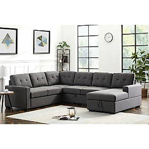 U-Shaped Corner 6 Seater Sofa & Couch Convertible Sleeper Sectional Sofa with Pull Out Sofabed & Sleeper Couch Bed and Storage Chaise for Home Office Apartment Living Room Furniture Sets, Dark Gray