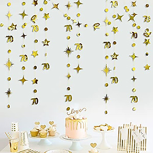 Gold 70th Birthday Decorations Number 70 Circle Dot Twinkle Star Garland Metallic Hanging Streamer Bunting Banner Backdrop for Women Mens 70 Year Old Birthday Seventieth Anniversary Party Supplies