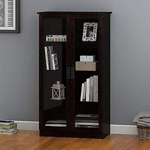 Thaweesuk Shop Espresso Wooden Tempered Glass Door Bookcase Bookshelf Media Cabinet Display Storage Shelving 4 Tier Storage Rack Furniture Home Office 53.1" H x 29.5" W x 15.6" D