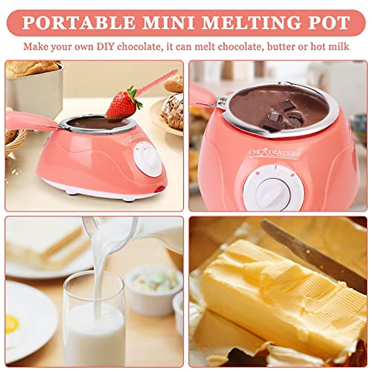 Outamateur Upgraded Melting Fondue Set,MINI Electric Chocolate Melting Pot,Chocolate Fondue Fountain,Warmer Machine for Milk Chocolate,Cheese,Butter,Candy (Pink)