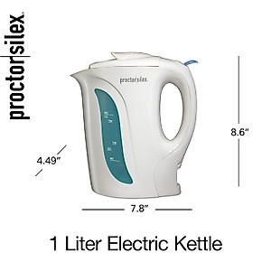 Proctor Silex Electric Tea Kettle, Water Boiler & Heater Auto-Shutoff & Boil-Dry Protection, 1000 Watts for Fast Boiling, 1 Liter, White