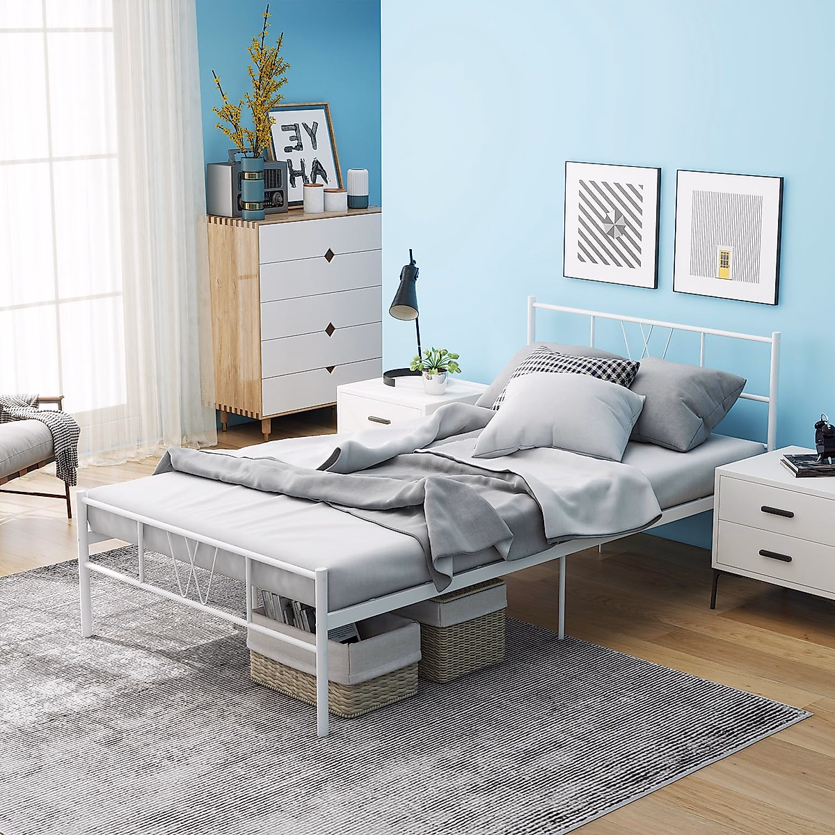 wOod-it Twin Bed Frame with Headboard - 12.8 Inch Metal Platform, Noise-Free Heavy-Duty Steel Slat Mattress Foundation, No Box Spring Required - White