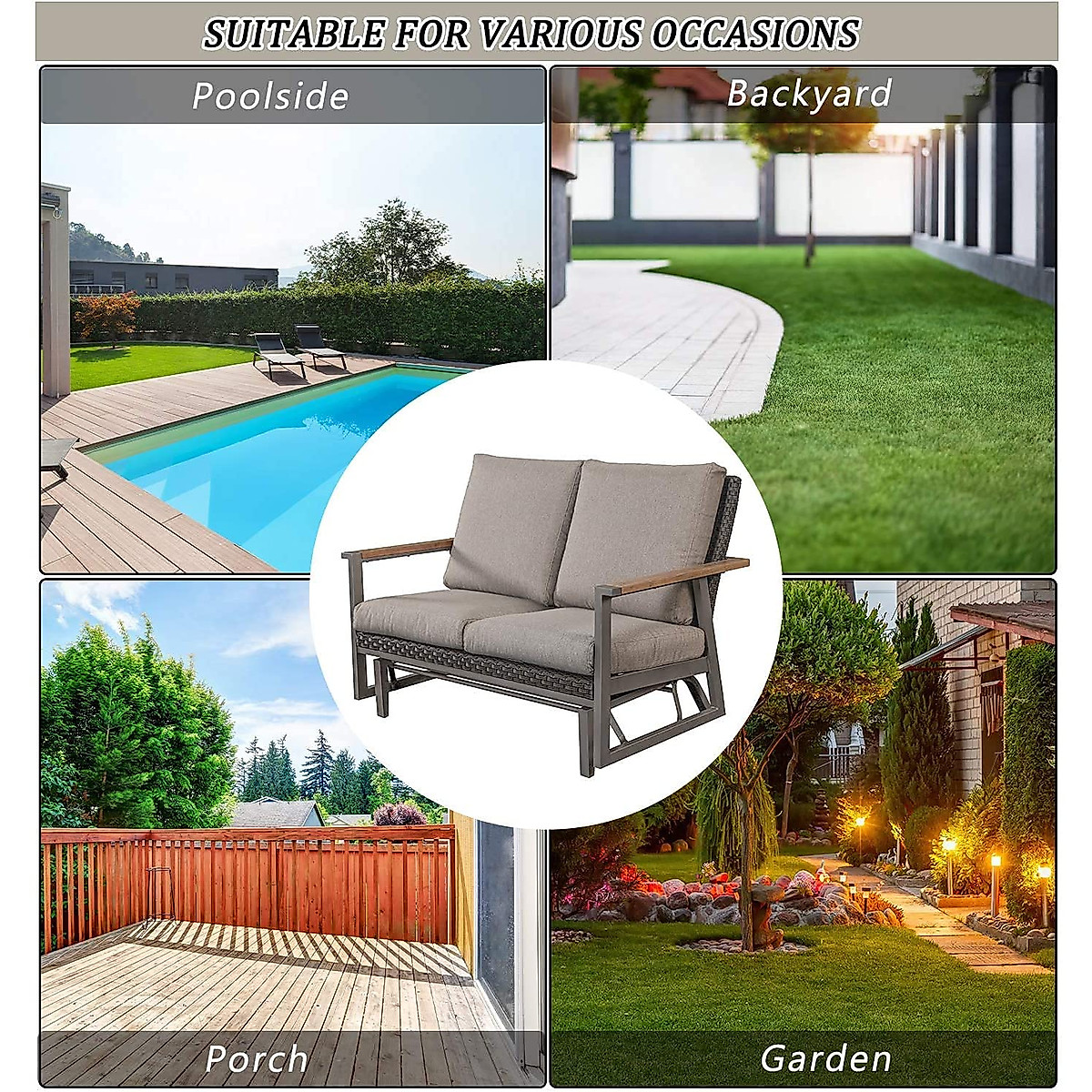 Sports Festival Outdoor Furniture Patio Glider Bench Swing Seating Loveseat with Grey Thick Cushions Rattan Wicker Rocking Chair in Metal Frame for Garden Porch Backyard