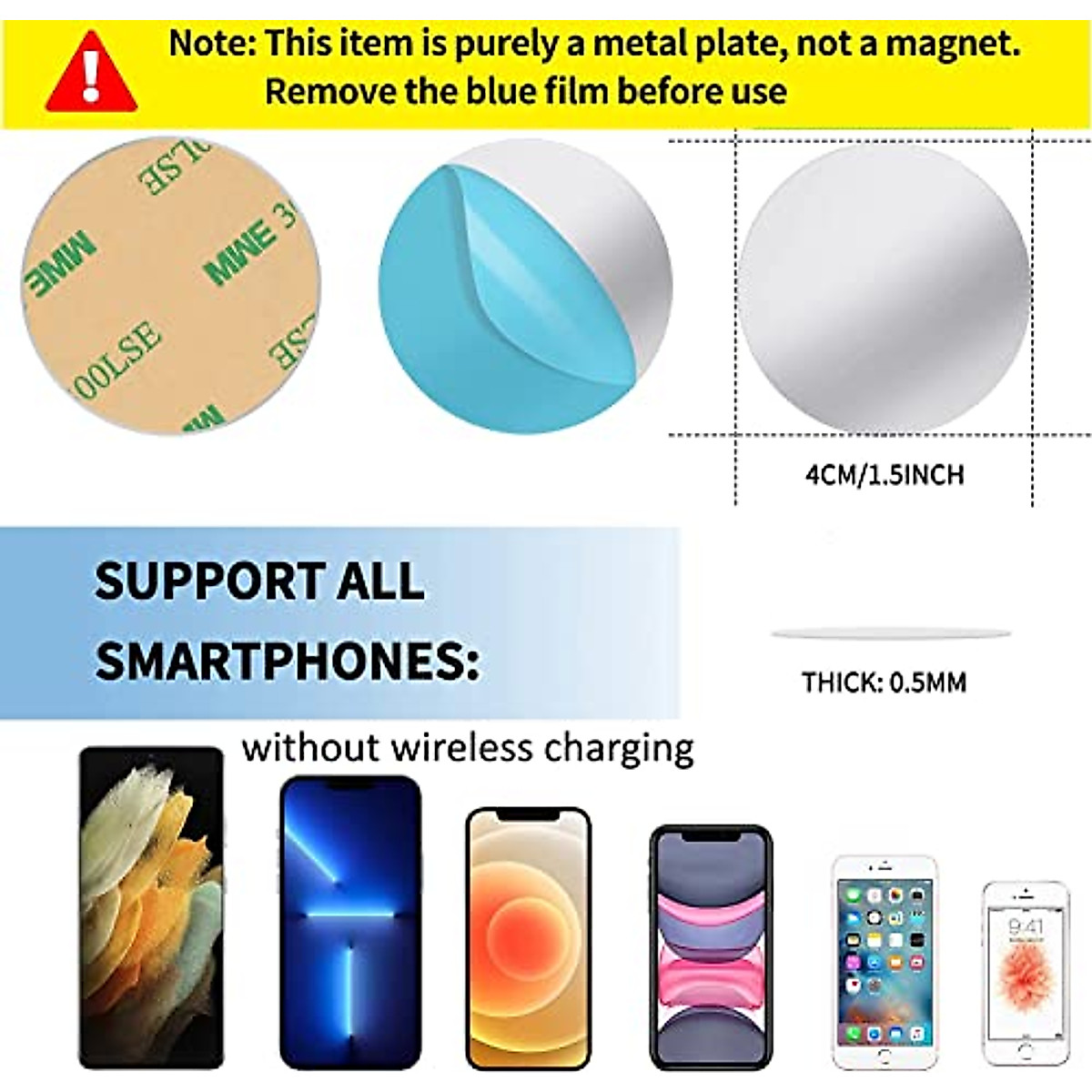 SALEX Phone Metal Plates for Magnetic Car Mount, Wall, Phone Holder. Replacement Set of 16 Silver Round Iron Discs Without Holes. 3M Adhesive Thin Steel Cell Phone Case Back Magnet Stickers 16 Pack.