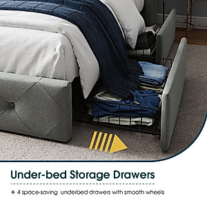 WEEWAY Upholstered Queen Size Bed Frame with 4 Storage Drawers and Wingback Headboard, Button Tufted Design, No Box Spring Needed, Easy Assembly, Light Grey