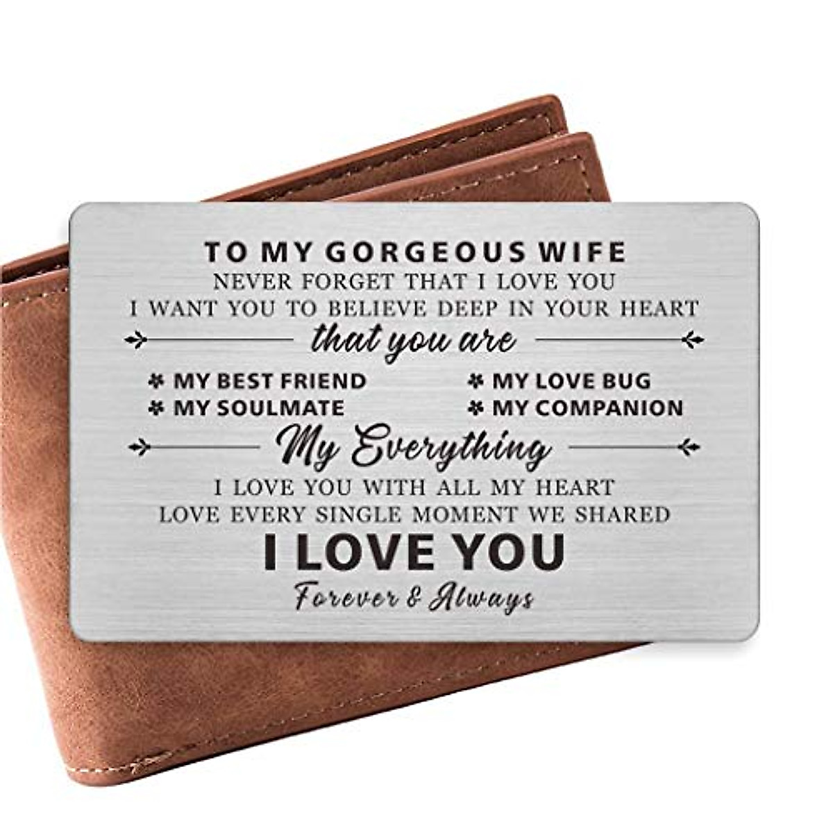 Resdink To My Gorgeous Wife, Engraved Wallet Cards for wife, Love Gifts for Wife, Anniversary Present Card for Wife Her, I Love You With All My Heart, Wife Gift from Husband, Birthday Valentines