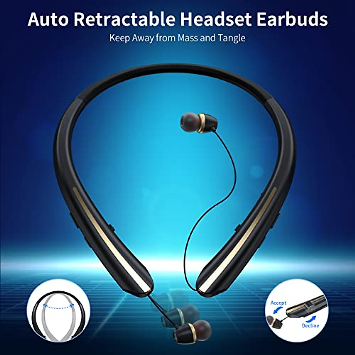 Bluetooth Headphones Retractable, Neckband Earbuds Wireless Headset Sports Noise Cancelling Stereo Earphones with Microphone Compatible with iPhone, Smart Phone, Android, Samsung, iPad (Black Gold)