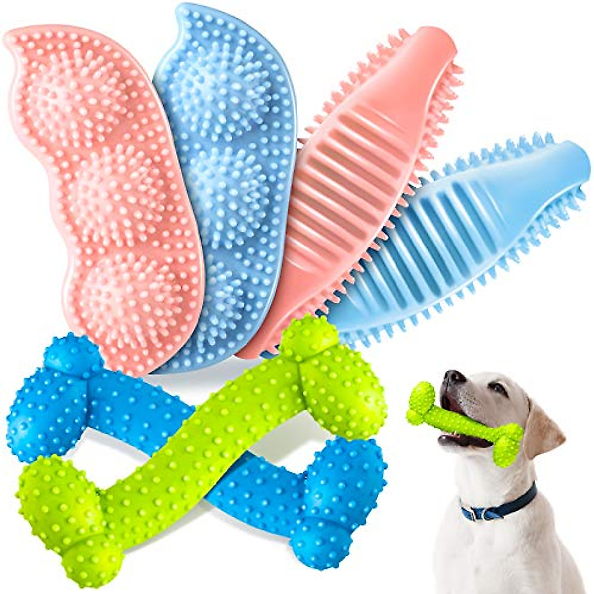 Skylety 6 Pieces Puppy Teething Chew Toys Rubber Bone-Shaped Puppy Teething Toy Pet Teething Toy for 2-8 Months Puppy Teeth Cleaning and Relieving Itching (Blue, Pink, Yellow Green)