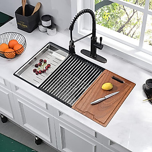 33 Inch Black Undermount Kitchen Sink Workstation-Bokaiya 33x19 Kitchen Sink Undermount 16 Gauge Deep Stainless Steel Single Bowl Undermount Workstation Sink with Cutting Board