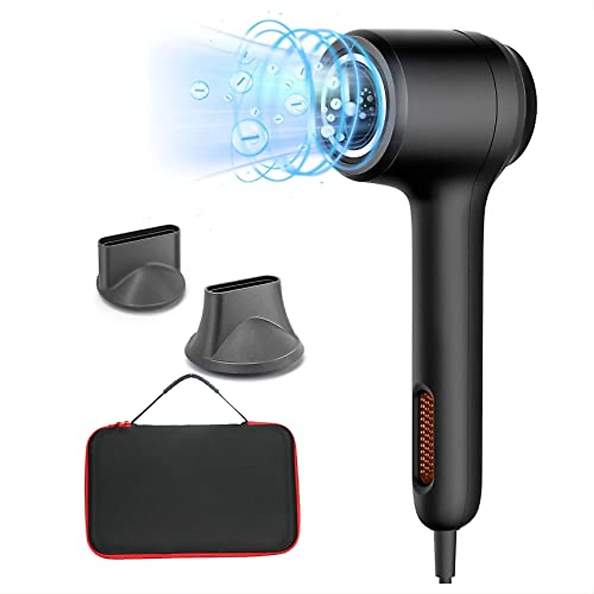 Hair Dryer, Negative Ionic Blow Dryer with 110, 000 RPM Brushless Motor for Fast Drying, Low Noise, High-Speed Hairdryer with 2 Nozzles, a Handbag, for Home, Salon Black