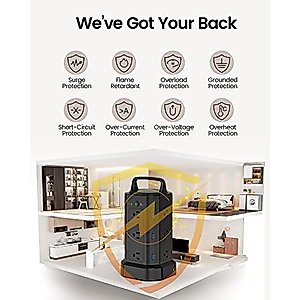 Power Strip Surge Protector Tower 2100J, SUPERDANNY Extension Cord with Multiple Outlets, 12 AC 6 USB Charging Station, Handle Cord Retracting, 6.5ft Overload Protection for Garage, Workbench, Black