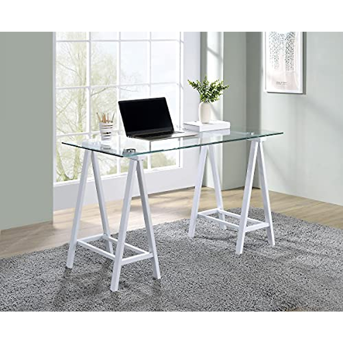 OSP Home Furnishings Middleton 47 Inch Desk with Clear Beveled Glass Top, White Base