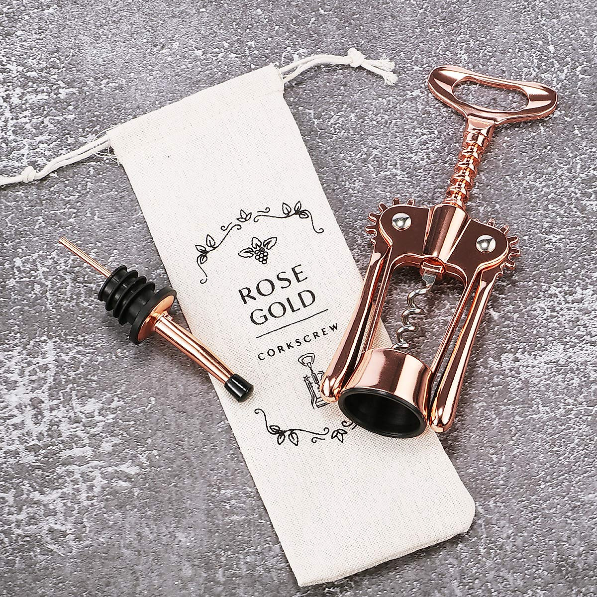 Wine Bottle Opener Wing Corkscrew, Godmorn Rose Gold Beer Bottle Opener with Wine Pourer, Cute Stainless Steel Winged Corkscrew, Pink Cork Screw Wine Accessories For Kitchen Bars Mothers Day Gift