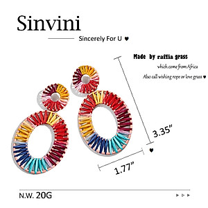 Statement Rattan Raffia Hoop Drop Earrings for Women Geometric Handmade Colorful Rainbow Earring