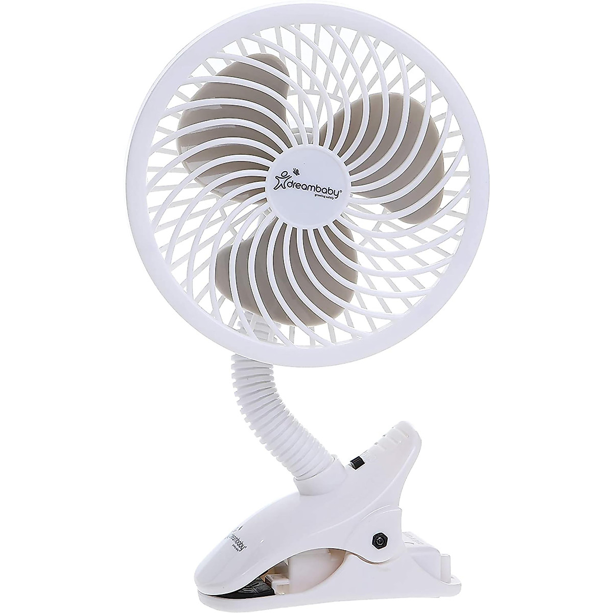 Dreambaby Caged Deluxe EZY-Fit Clip-on Fan - with Flexible Neck for Adjustable Air Flow - Perfect for Strollers, Cribs, Wheelchairs, Beach, Camping & Pool - White - 1 Pack