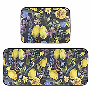 Floral Citrus Fruit Lemon Kitchen Rugs and Mats Set 2 Piece Non Slip Washable Runner Rug Set of 2 for Floor Home Decor Sink Kitchen Laundry