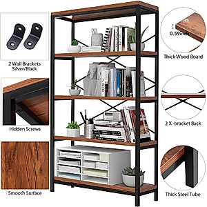 Himimi Industrial Bookshelf 5-Tier, Bookcase 58" H Ladder Shelf, Storage Shelves Rack Shelf Unit, Accent Furniture Metal Frame, Home Office Furniture for Bathroom, Living Room, Vintage Brown