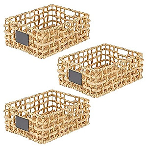 mDesign Water Hyacinth Open Weave Household Basket with Built-in Chalkboard Label for Storage in Bedroom, Bathroom, Office - Hold Clothes, Blankets, Linens, Accessories, 3 Pack - Natural/Tan