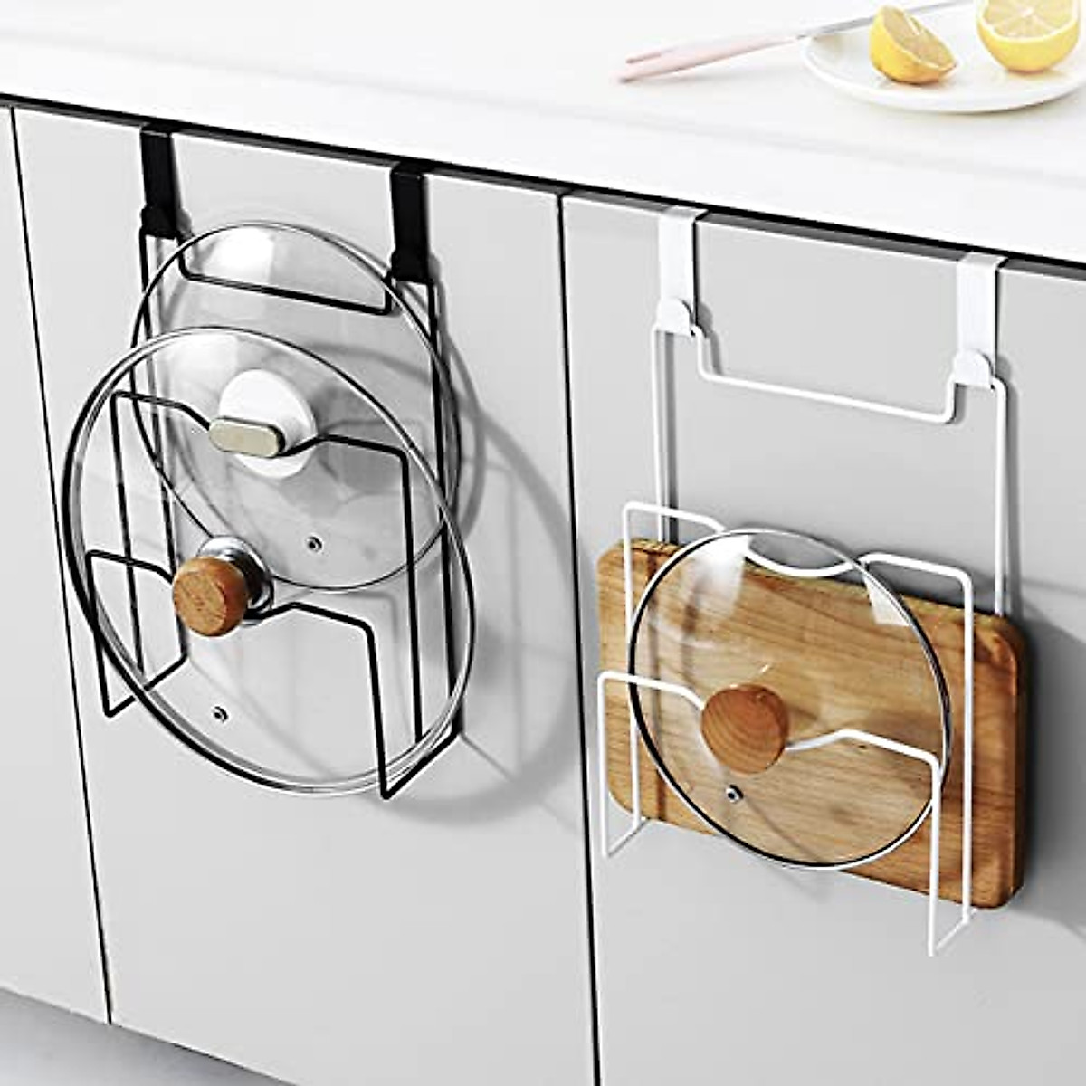 Luxshiny Cabinet Organizer Wall Mount Pot Lid Rack Punch Free Stainless Steel Hanging Cutting Board Pot Lid Holder Cabinet Door Pot Lid Organizer Pan Cover Rack Hanger for Kitchen White Shelf Bracket