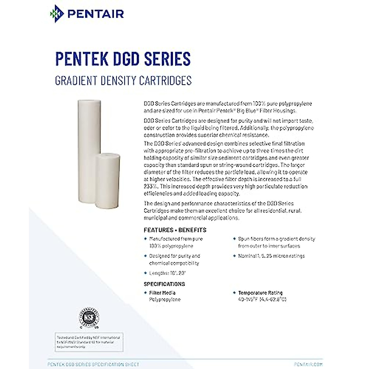 Pentair Pentek DGD-5005-20 Big Blue Water Filter, 20-Inch Whole House Sediment Filter Cartridge Replacement, Dual-Gradient Density Spun Polypropylene, 20" x 4.5", 5 Micron, Pack of 1, White