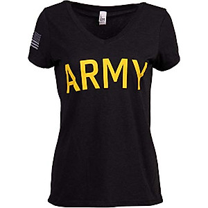 Army Women's V-Neck | U.S. Military Infantry Sleeve Flag Female Soldier T-Shirt Wife Mom Top, Black-(VneckBLK,L)