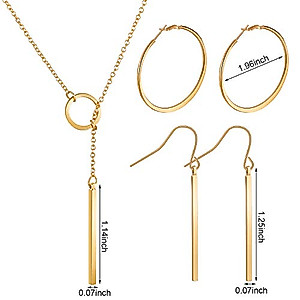 Hicarer Simple Bar Jewelry Set Vertical Bar Necklace Earrings Adjustable Cuff Bracelet for Women (Gold)