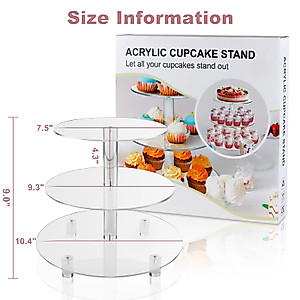 3 Tiers Round Cupcake Stand, Acrylic Cake Tower Stand Holder Macaron Display Rack Cookie Candy Buffet Desserts Platter with Base for Baby Shower, Birthday Party, Wedding, Party (3-Tiers with Base)