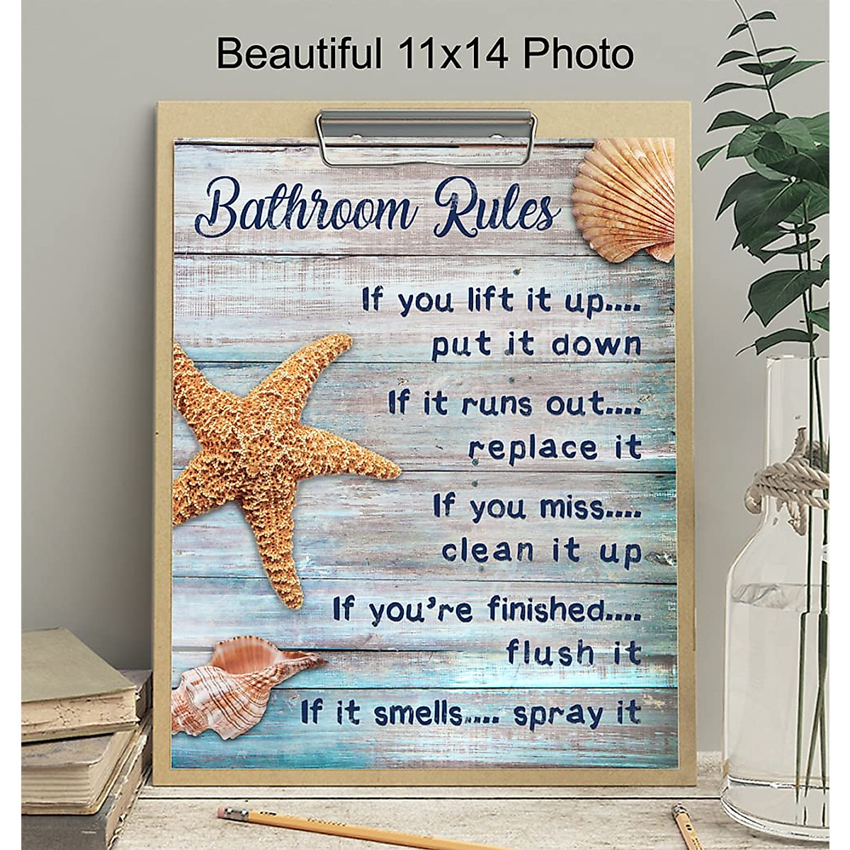 Nautical Rustic Bathroom Decor - LARGE 11x14 - Coastal Beach House Bathroom Rules Wall Art - Starfish, Seashells Restroom Sign, Bath Art - Ocean, Sea House Powder Room Art - Shabby Chic Gift