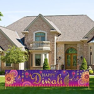 Avezano Large Happy Diwali Banner 98.4 x19.6 Inch Indian Festival of Light Diwali Yard Sign Banners Deepavali Diwali Party Decorations Garden Outdoor Photo Booth Backdrop