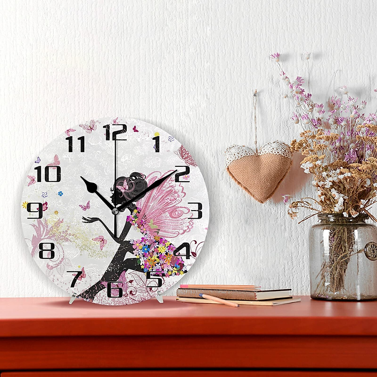 African Black Girl Floral Flower Wall Clock, Garden Butterfly Silent Non Ticking Round Clock for Home Kitchen Bedroom Desktop Stand Bathroom Living Room Decor Office Classroom Clock Art 9.5 Inch