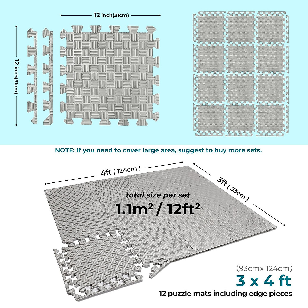 Gym Flooring Puzzle Exercise Mats: Sportneer 1/2" Thick 12" x 12" Interlocking Floor Mats EVA Foam Exercise Tiles for Home Gym Fitness Equipments with Border Waterproof Workout Anti-Slip Mat 12 Sqft