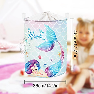 Clastyle 45L Colorful Mermaid Blue Girls Laundry Hamper Starfish Seashells Round Toy Clothes Storage Basket for Kids Room, 14.2x17.7 in