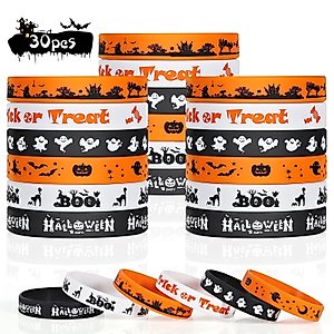 Halloween Rubber Bracelets 30 PCS Bulk Halloween Party Favors Supplies Silicone Wristbands for Halloween Gifts Toys Goodie Bag Fillers Stuff Classroom Prizes for Kids Teens Girls Boys