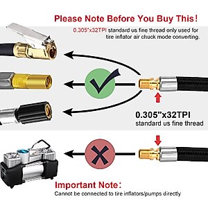 LUMITECO 20 Inch Lengthened Tire Inflator Hose Adapter for Screw Twist On Convert to Lock On Connection, Lock On Air Chuck with Air Hose and Tire Schrader Valve Fine Thread