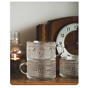 Bandesun Vintage Glass Coffee Mugs Tea Cups, 14 Oz Set of 2 - Stackable Embossed, Glassware with Handle, for Cappuccino, Latte, Cereal, Yogurt, Beverage Hot/Cold, Milk