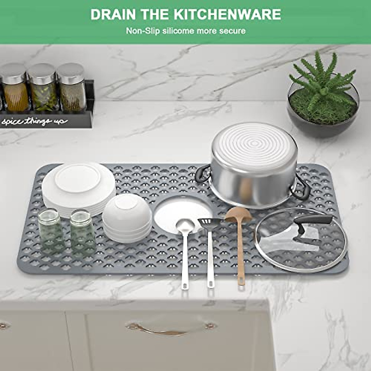 Silicone Sink Protector- Sarlai 25"x13" Center Drain Kitchen Sink Mats Grid Folding Non-slip Sink Mat for Bottom of Ceramic Porcelain Fireclay Farmhouse Sink (Grey)