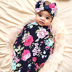 Galabloomer Receiving Blanket Headband Set Flower Print Baby Swaddle Receiving Blankets… (Navy Blue Rose)