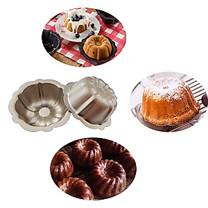 LoveDeal 4 Inch Nonstick Mini Bundt Cake Pan, Set of 4 for Baking, Carbon Steel Fluted Cake Pans, Metal Round Pumpkin Shaped Cake Mould for Cupcake, Muffin, Brownie, Pudding - Gold